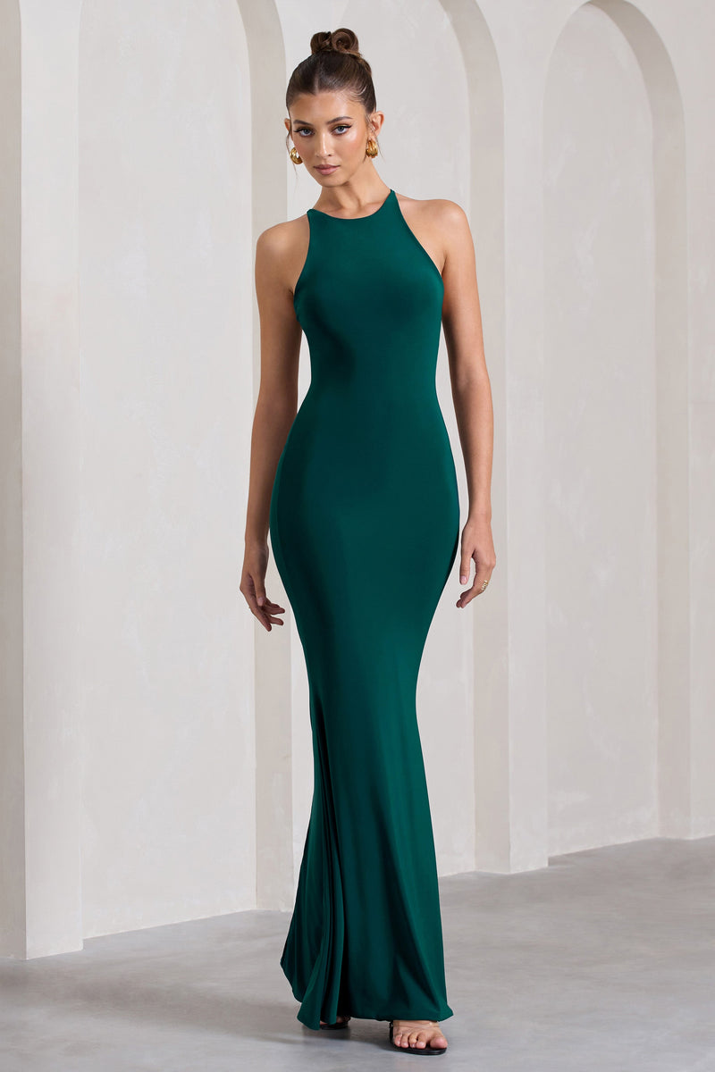 Brianna Bottle Green Sleeveless Halter-Neck Open-Back Maxi Dress – Club L London - CA