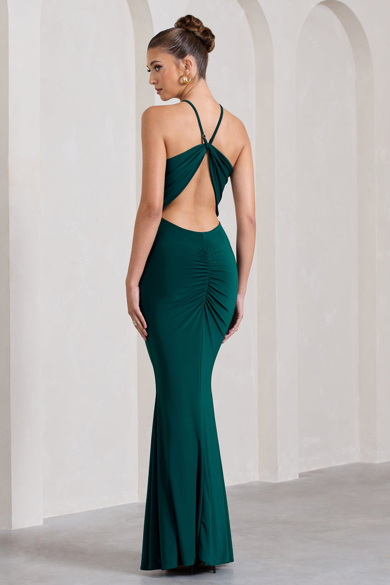 Brianna Bottle Green Sleeveless Halter-Neck Open-Back Maxi Dress – Club L London - CA