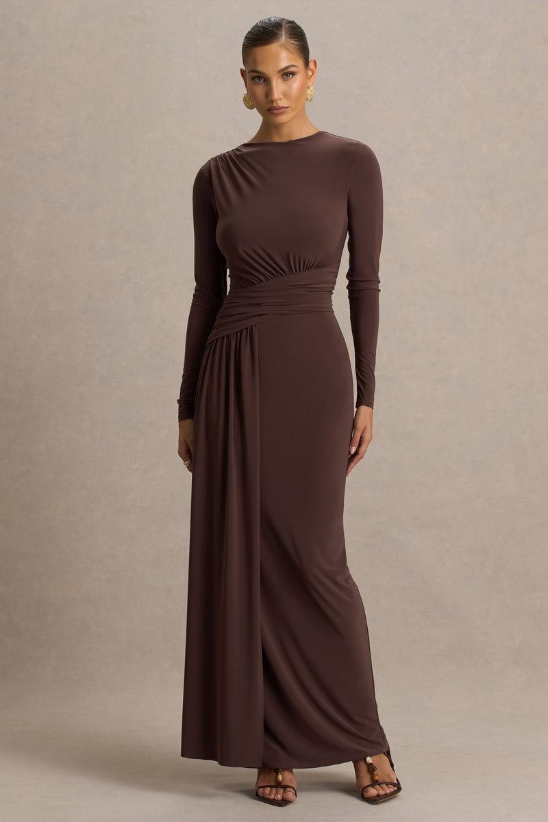 Virelle Brown Boat-Neck Maxi Dress With Wrap Detail And Sash – Club L London - CA