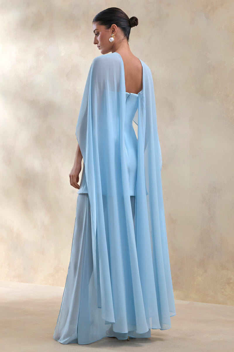 Chessa Powder Blue Boat-Neck Maxi Dress With Sheer Cape – Club L London ...