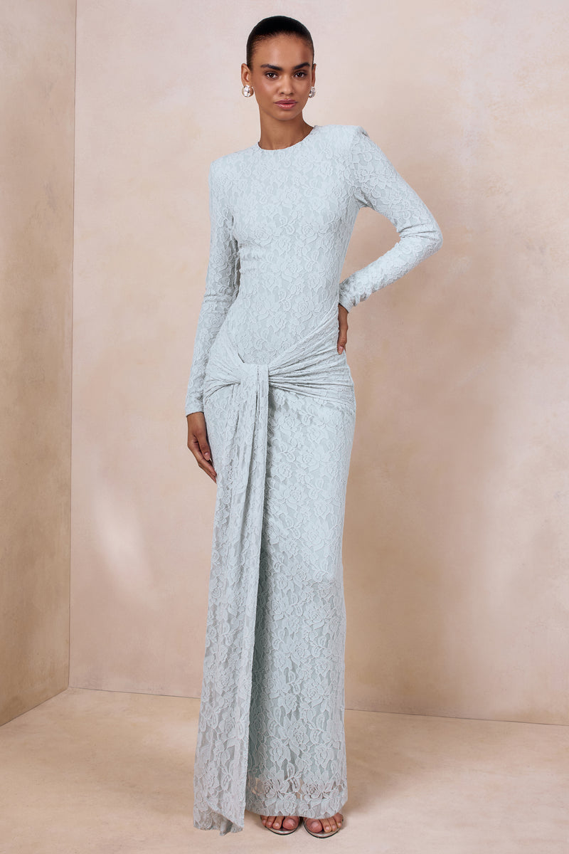 Evangela Powder Blue Lace Crew-Neck Maxi Dress With Wrap-Detail – Club ...