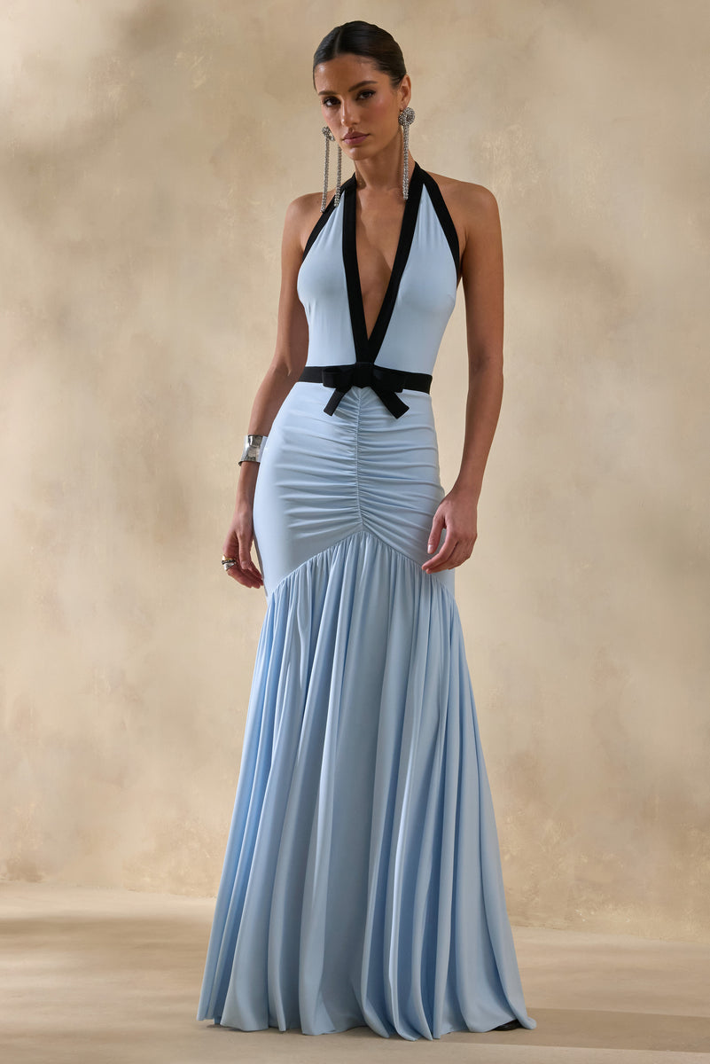 Cosmina Powder Blue Plunge-Neck Maxi Dress With Bow-Detail – Club L ...