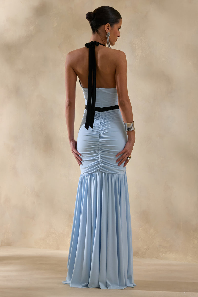 Cosmina Powder Blue Plunge-Neck Maxi Dress With Bow-Detail – Club L ...