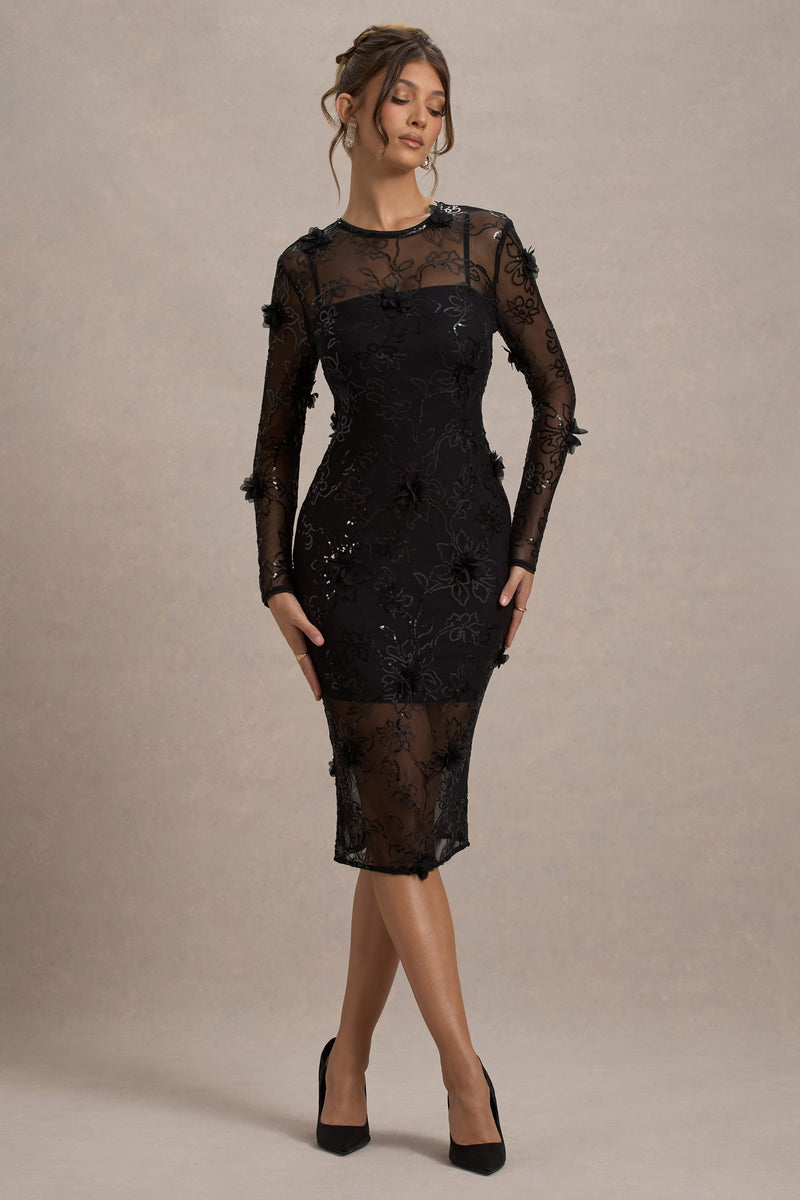 Intimate Black Sequin Sheer Midi Dress With Flowers – Club L London - CA