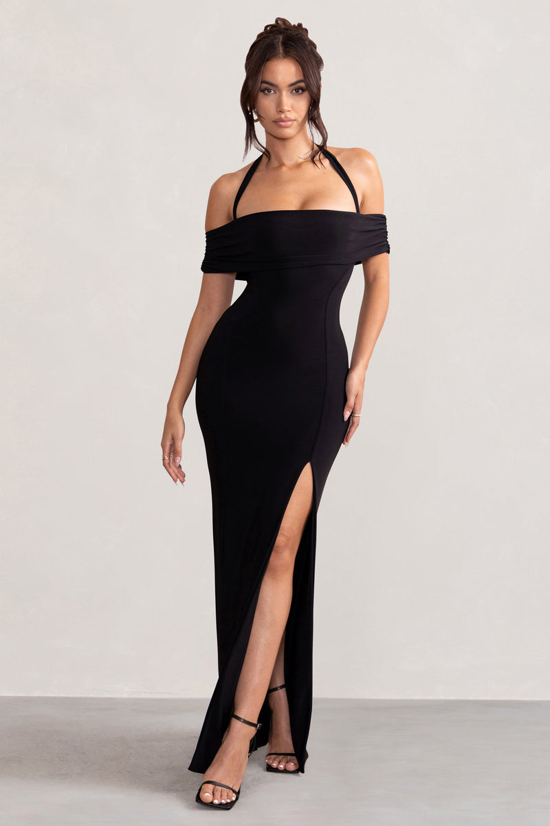 Anisa Black Halter Neck Bardot Maxi Dress With Thigh Split – Club L ...