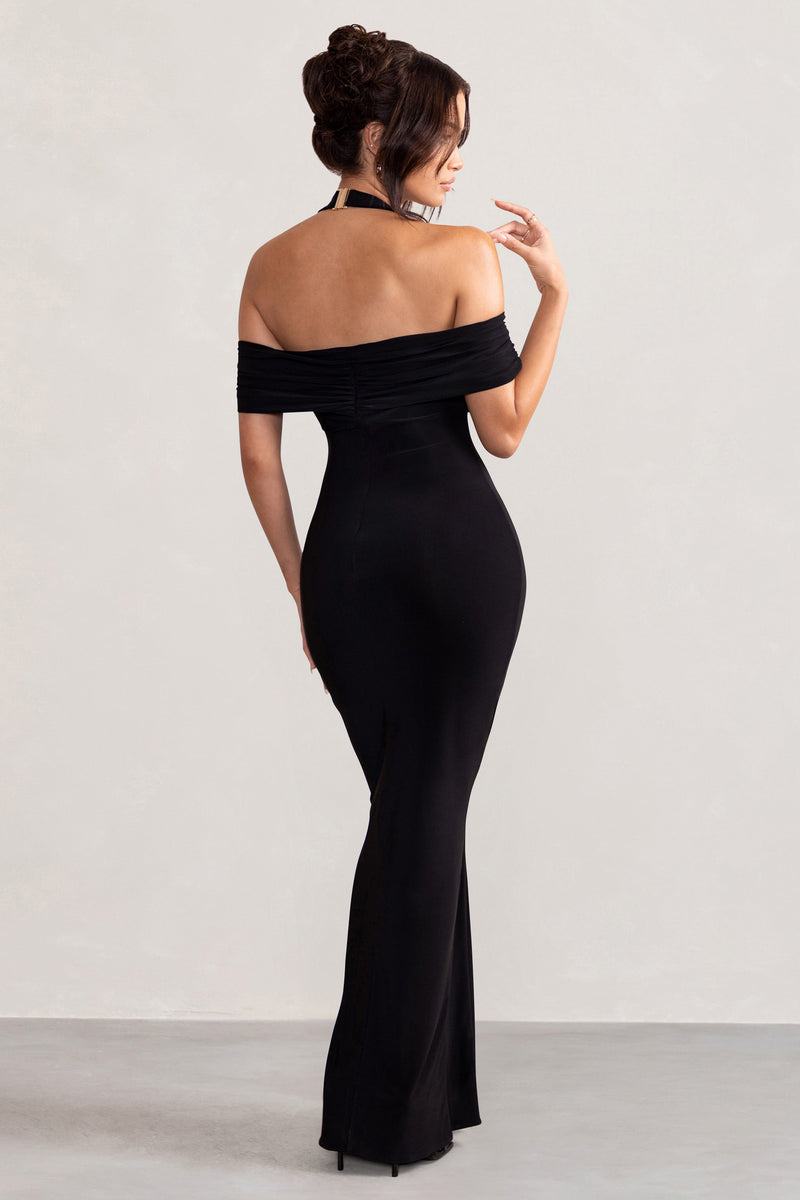 Anisa Black Halter Neck Bardot Maxi Dress With Thigh Split – Club L ...