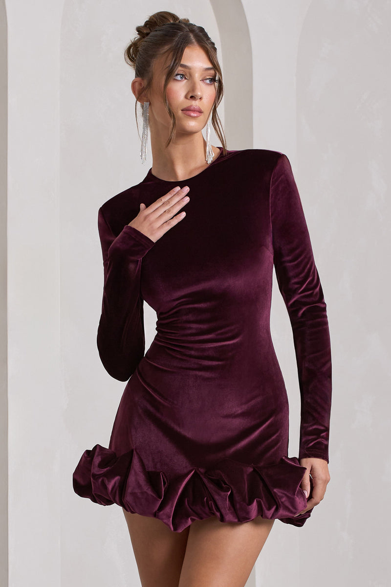 Claudine Port Velvet Long-Sleeved Ruffled Mini Dress – Club L London - CA