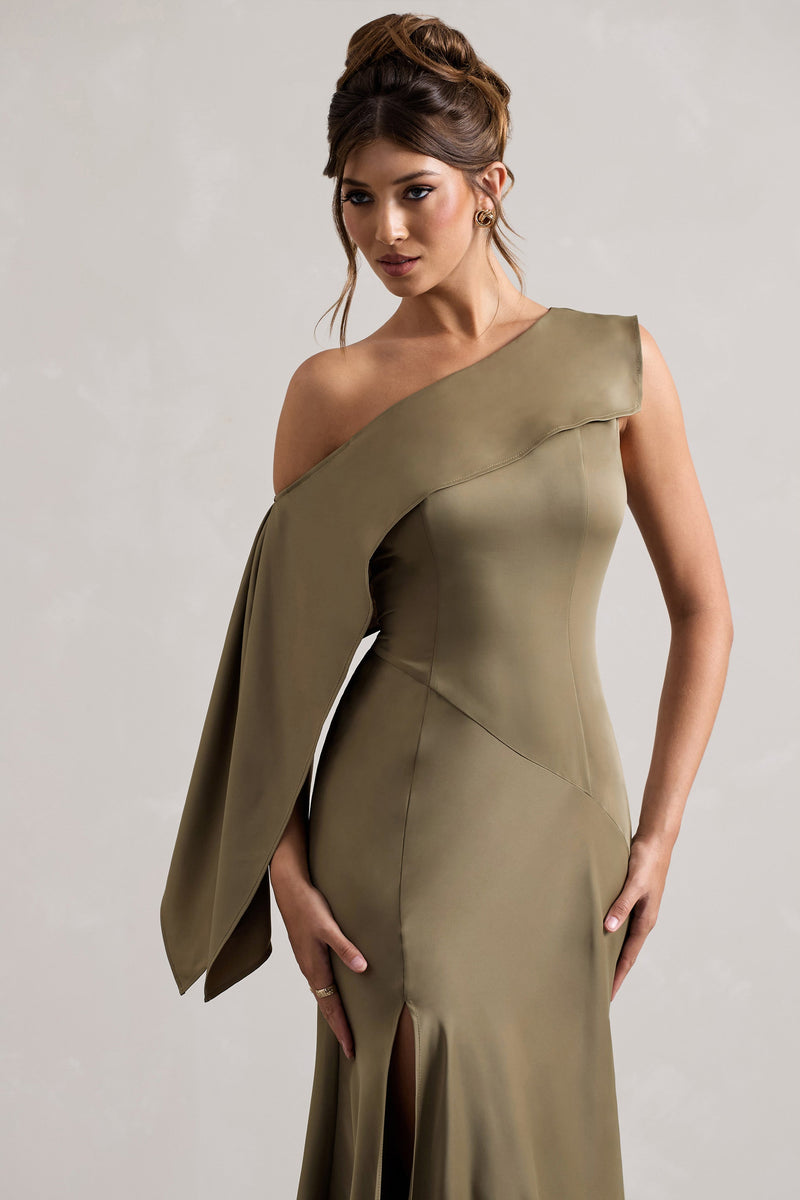 Freesia Olive Satin Asymmetric Draped Split Maxi Dress – Club L London - CA