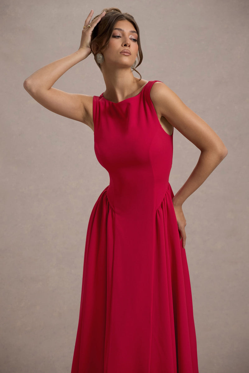 Muriel Red Boat-Neck Volume-Hem Midi Dress – Club L London - CA