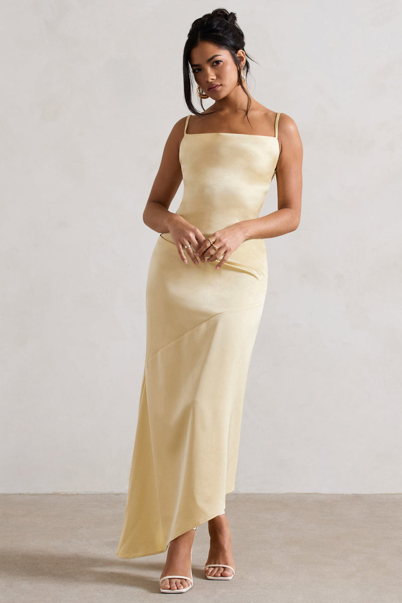 Santi Lemon Satin Cowl-Neck Asymmetric Maxi Dress – Club L London - CA