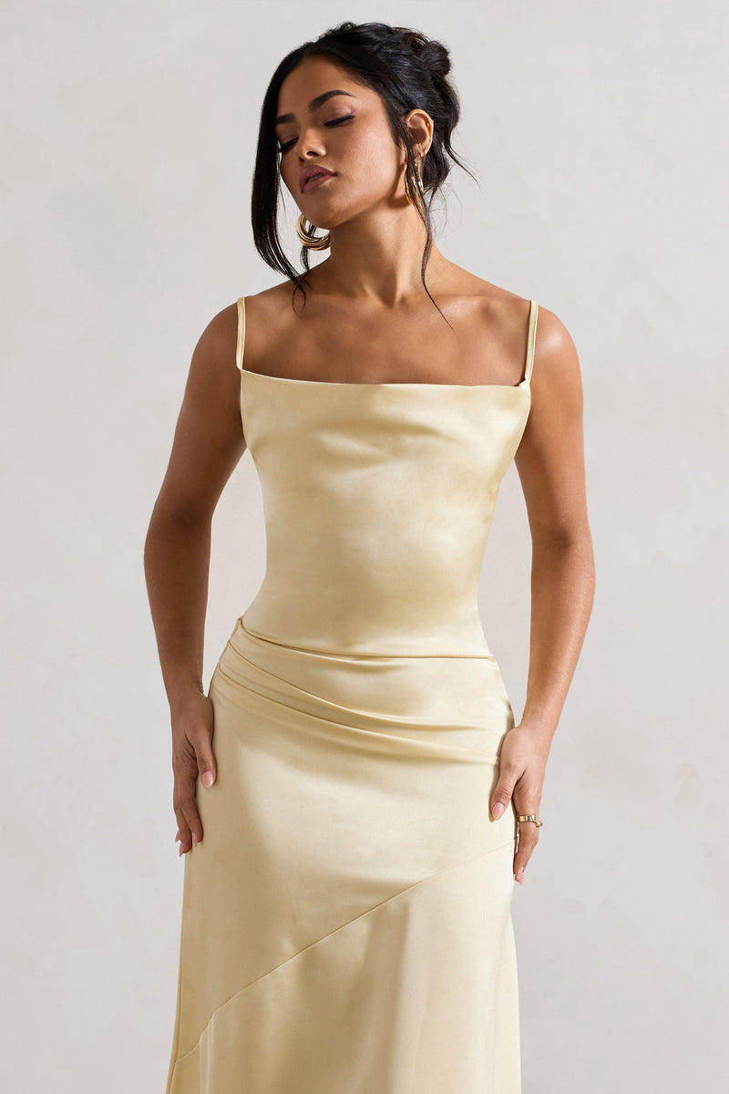 Santi Lemon Satin Cowl-Neck Asymmetric Maxi Dress – Club L London - CA