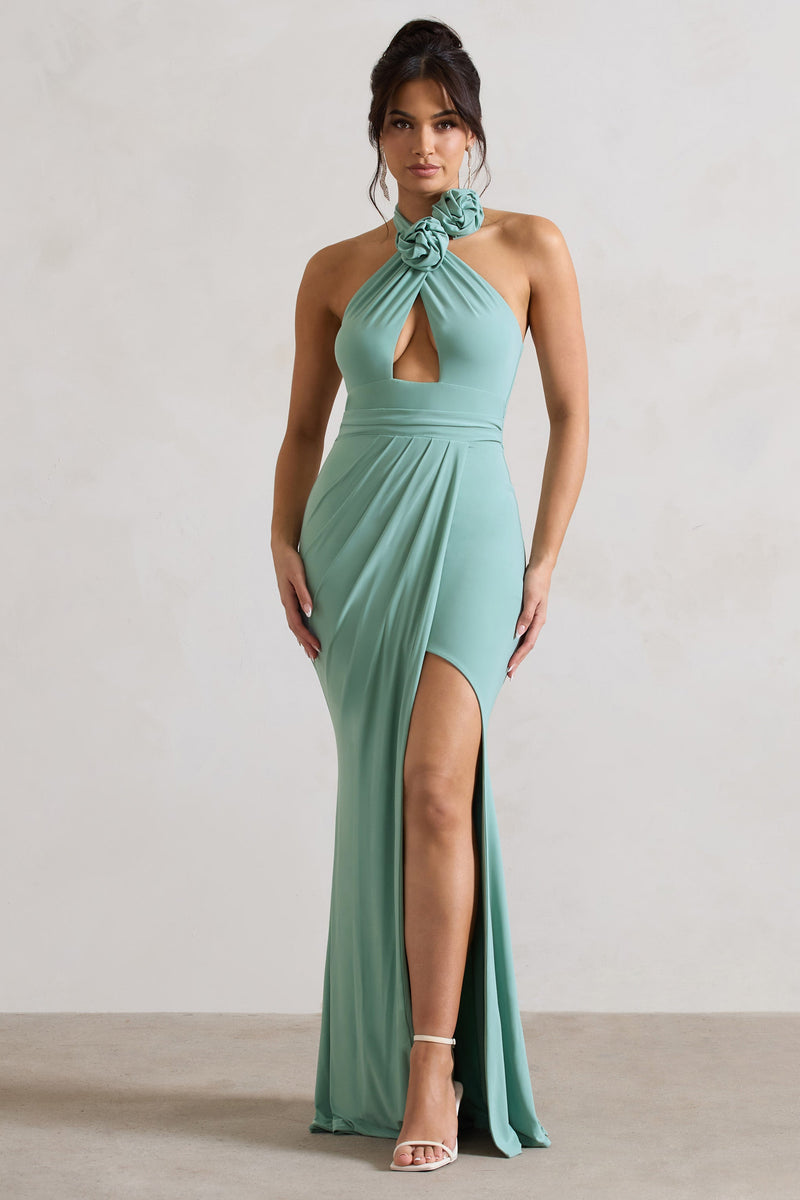 Kira Sage Halter-Neck Cut-Out Split Maxi Dress With Flowers – Club L ...