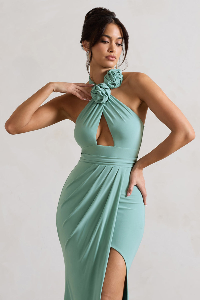 Kira Sage Halter-Neck Cut-Out Split Maxi Dress With Flowers – Club L ...