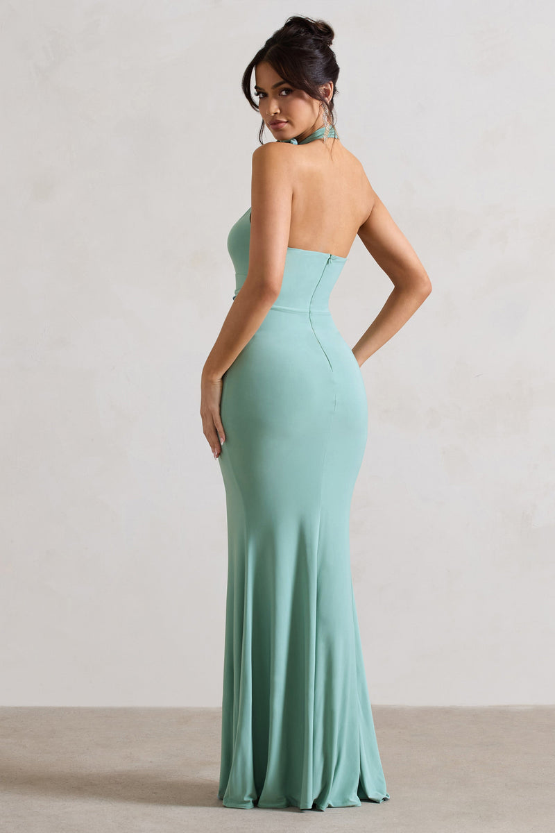 Kira Sage Halter-Neck Cut-Out Split Maxi Dress With Flowers – Club L ...