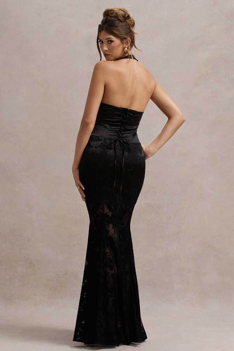 Sunset Tales Black Satin Devore Plunge-Neck Maxi Dress – Club L London - CA