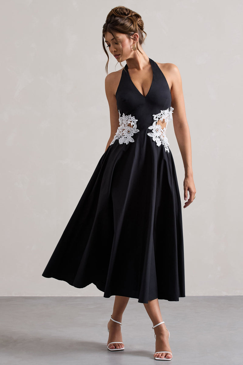 Windermere Black Plunge Midi Dress With Floral Cut-Out – Club L London - CA