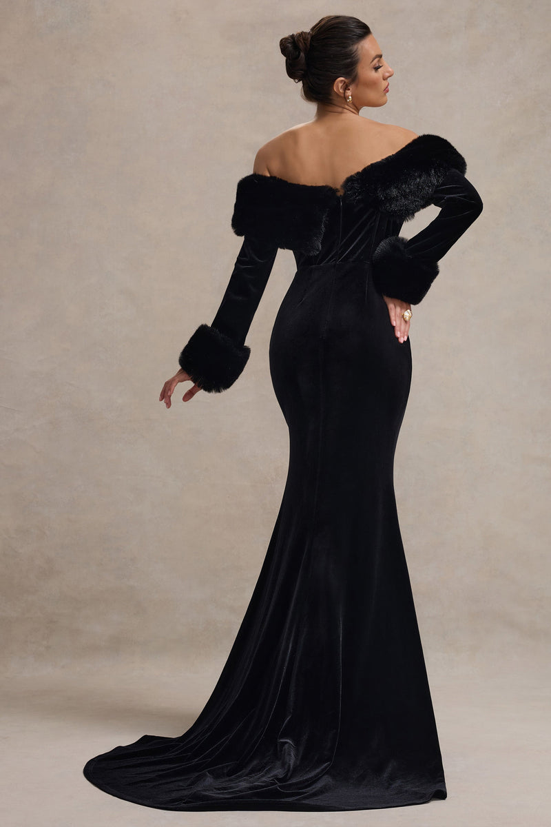Mystique Black Bardot Split Maxi Dress With Fur Trims – Club L London - CA