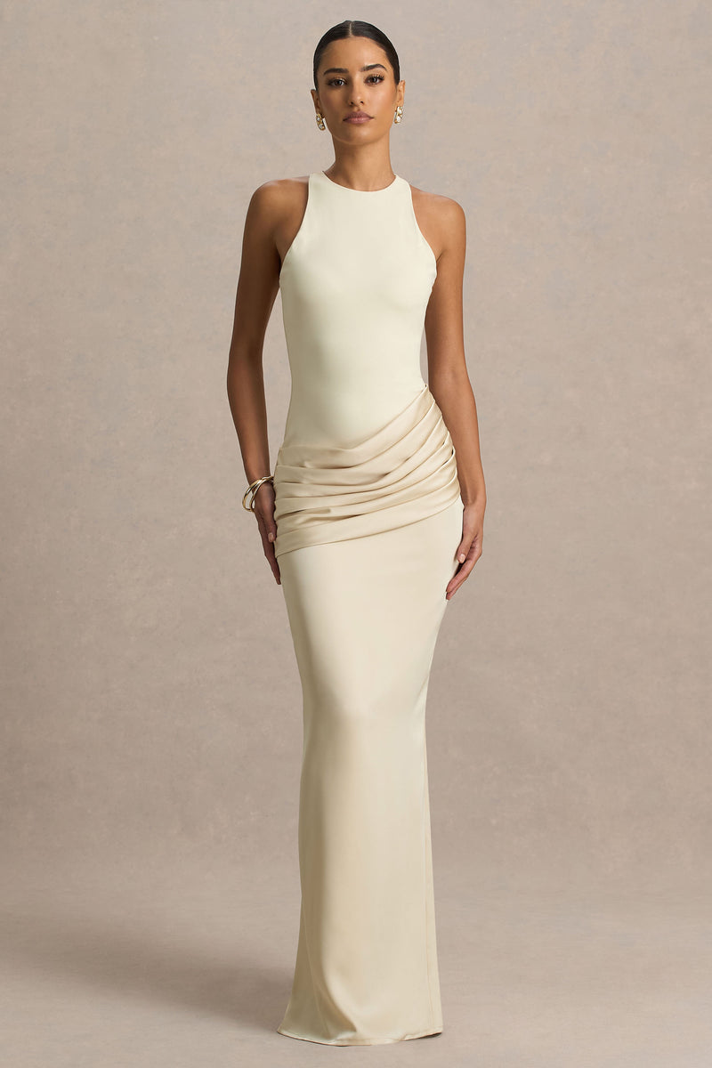 Akari Cream Crew-Neck Maxi Dress With Satin Skirt – Club L London - CA