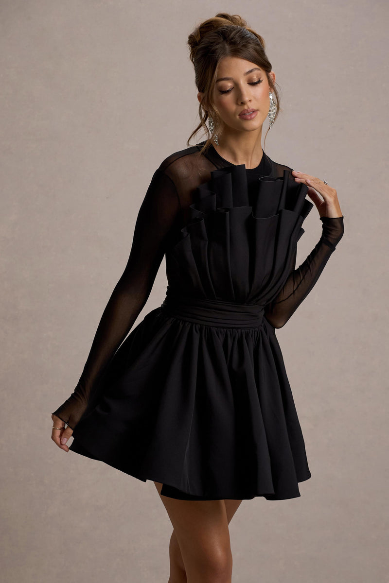 Jeri Black Mesh Long-Sleeve Ruffled Mini Dress – Club L London - CA