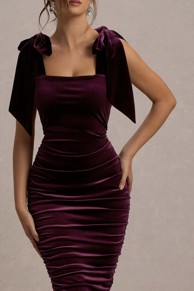 Tarna Port Velvet Midi Dress With Bow Straps – Club L London - CA