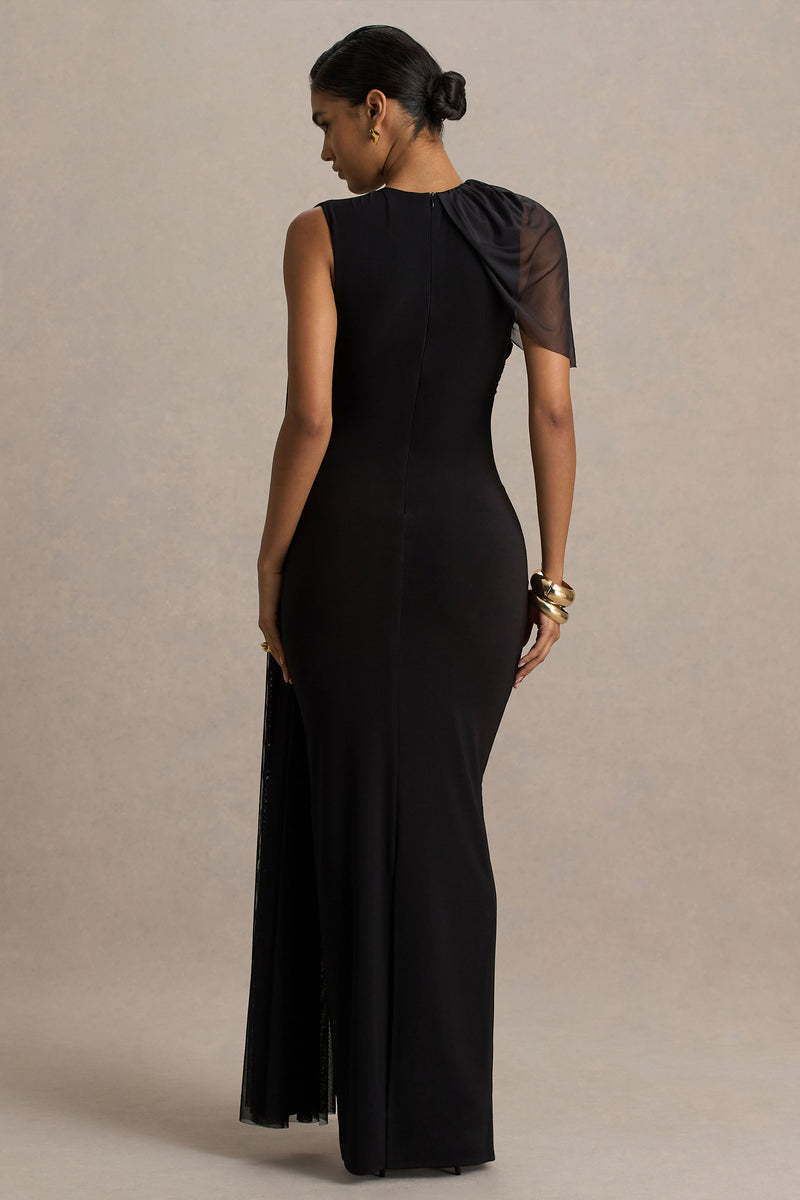 Brenda Black Maxi Dress Mesh Cape And Sash – Club L London - CA
