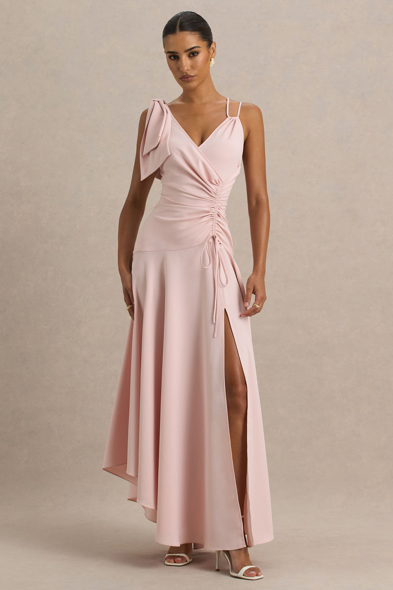 Julieta Baby Pink Asymmetric-Neck Maxi Dress With Bow Detail And Ope ...