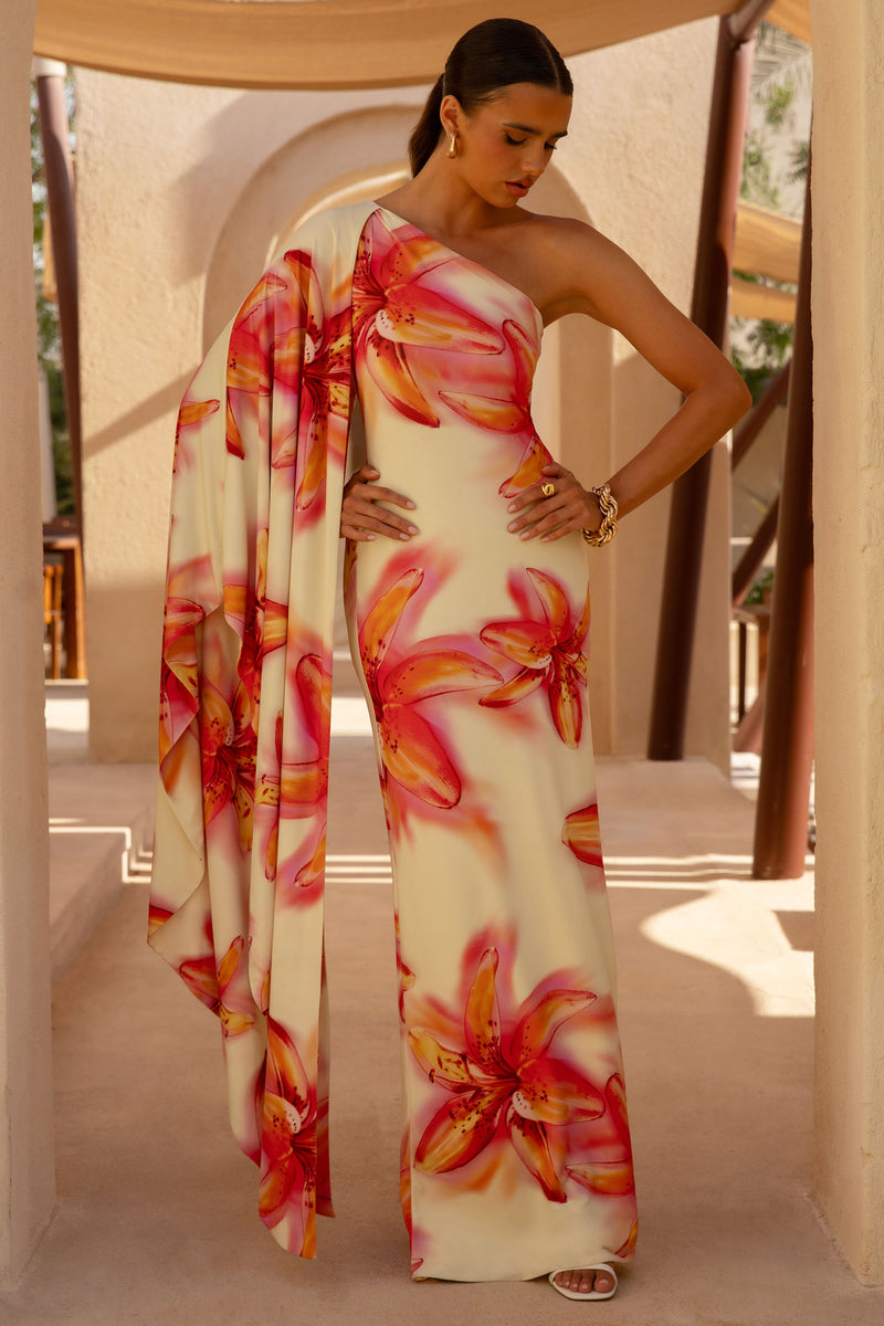 Portia Lemon Lily Print Asymmetric Maxi Dress With Ruched Detail – Club ...