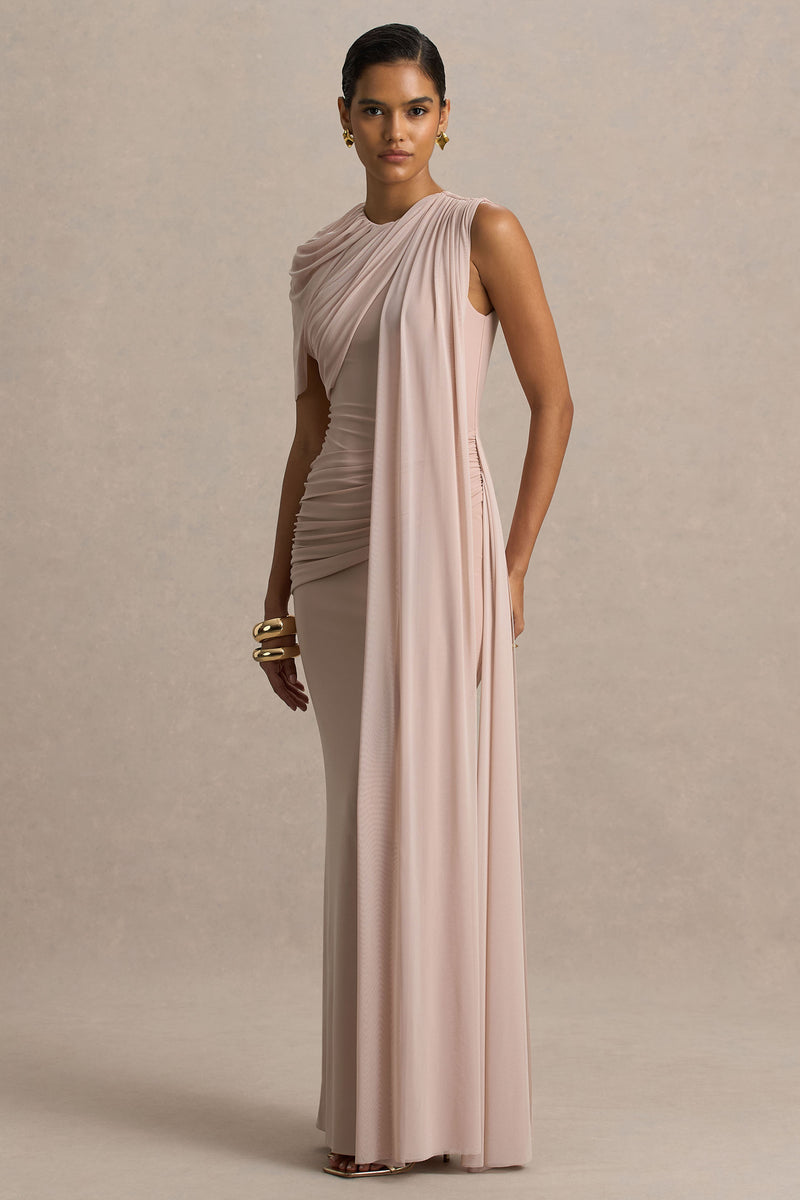 Brenda Champagne Crew-Neck Maxi Dress With Mesh Cape And Sash – Club L ...