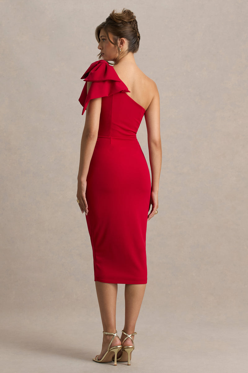 Ambretta Red One-Shoulder Midi Dress With Bow – Club L London - CA