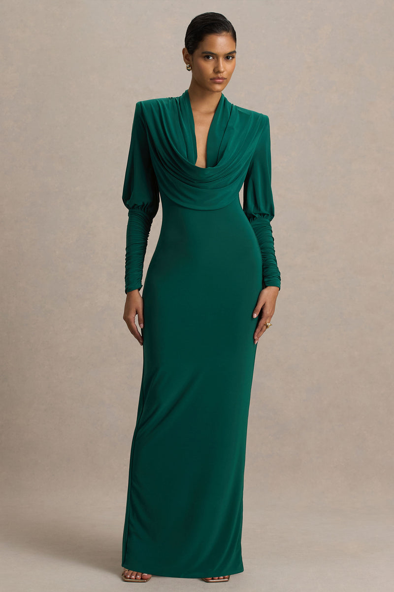 Kaylee Bottle Green Cowl-Neck Maxi Dress With Draping Details – Club L ...