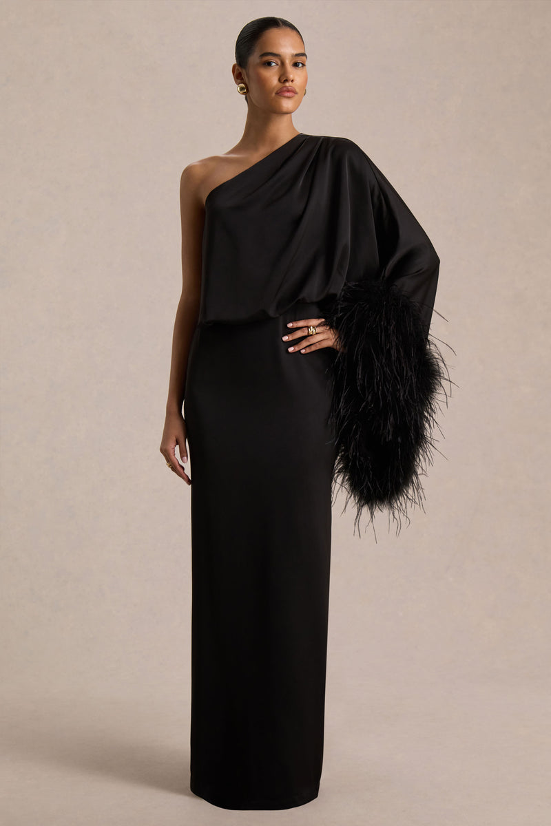 Felicity Black Satin Asymmetric-Neck Maxi Dress With Feather Detaili ...