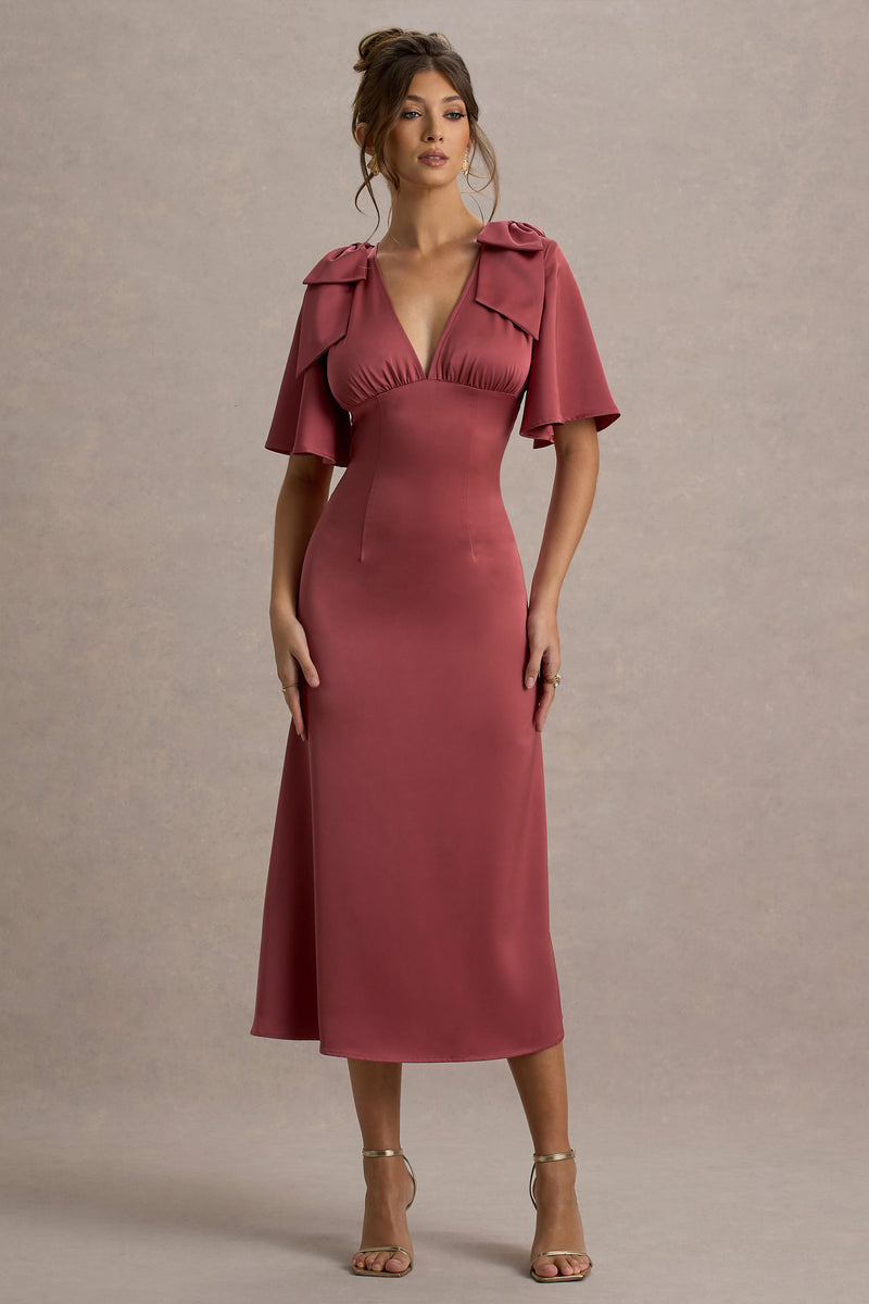 Danna Rose Pink Satin V-Neck Short-Sleeve Midi Dress – Club L London - CA