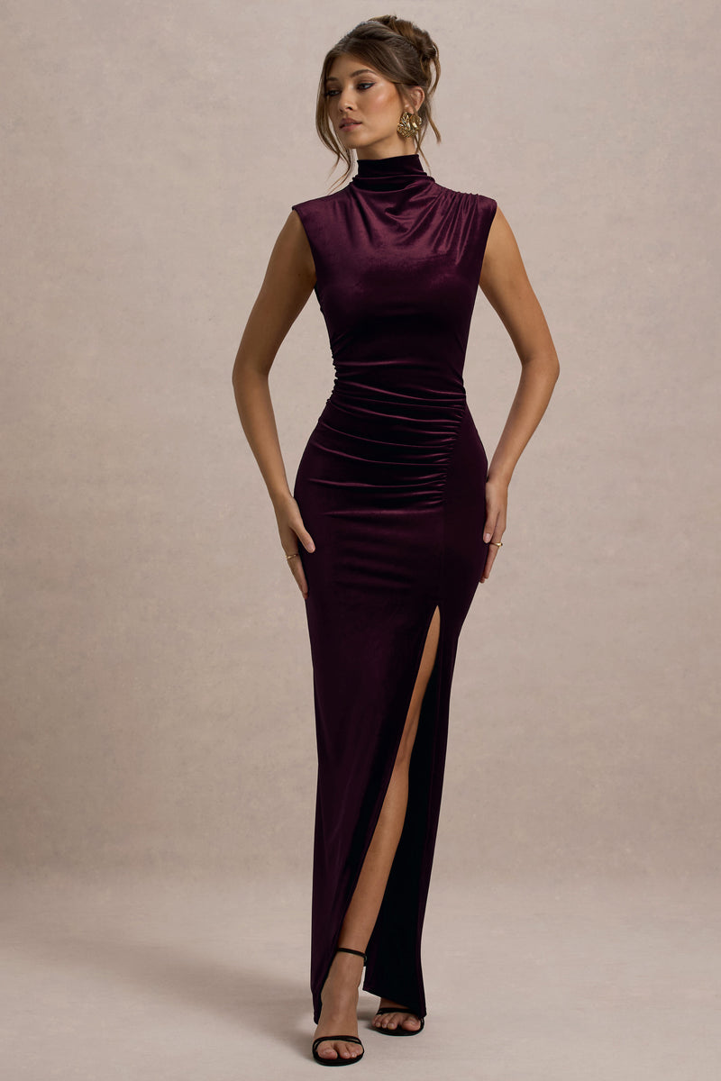 Abilene Port Velvet High-Neck Split Maxi Dress – Club L London - CA