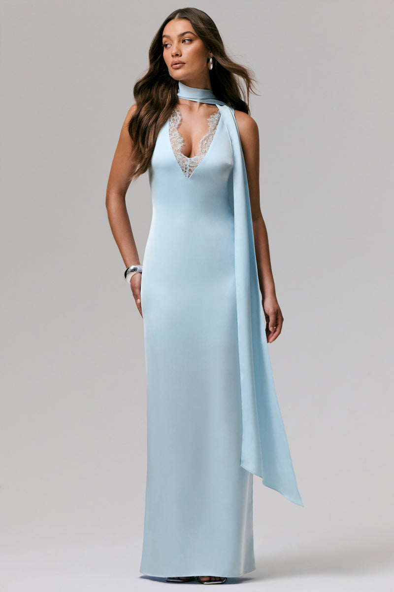 True Icon Powder Blue Satin V-Neck Maxi Slip Dress With Sash – Club L ...