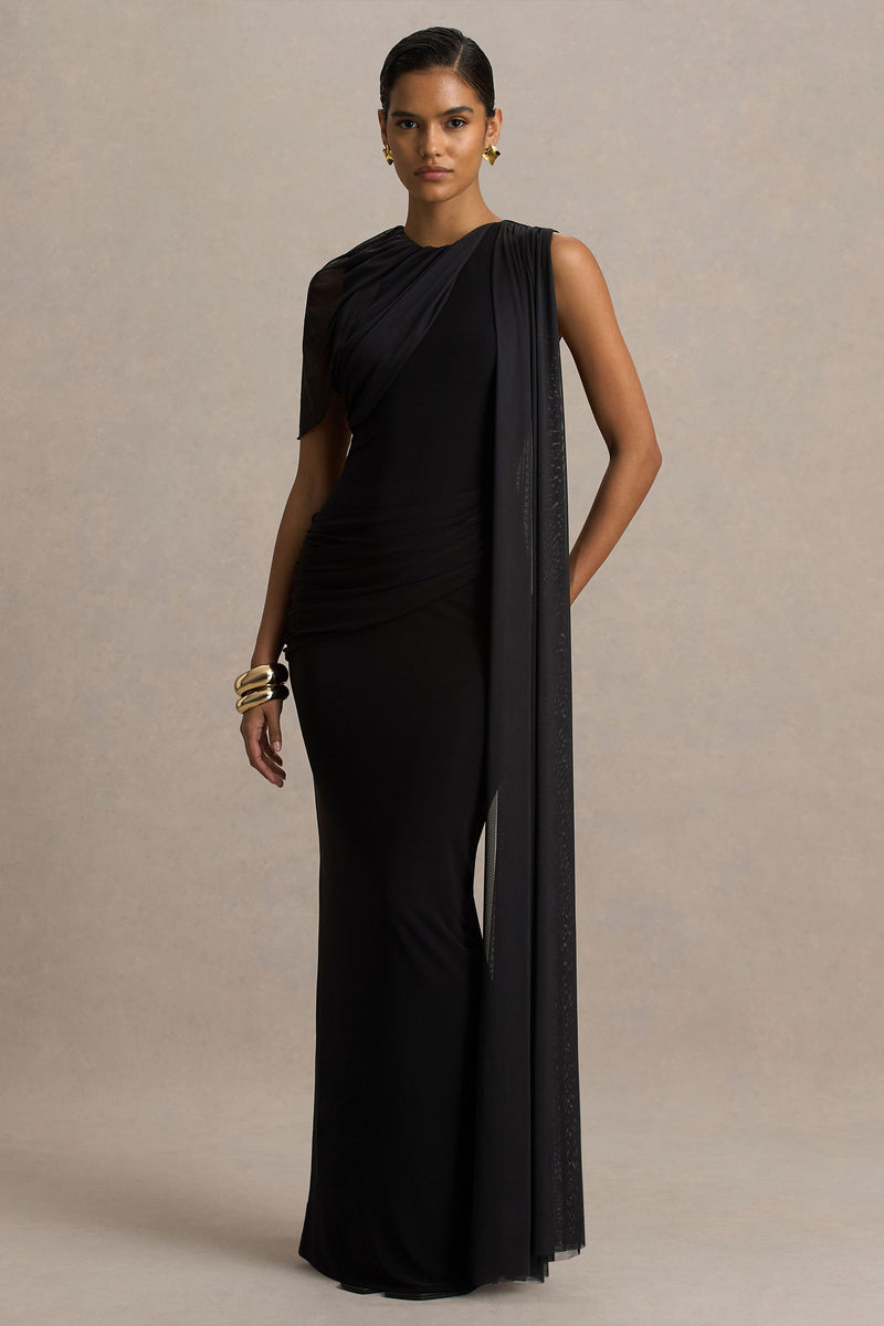 Brenda Black Maxi Dress Mesh Cape And Sash – Club L London - CA