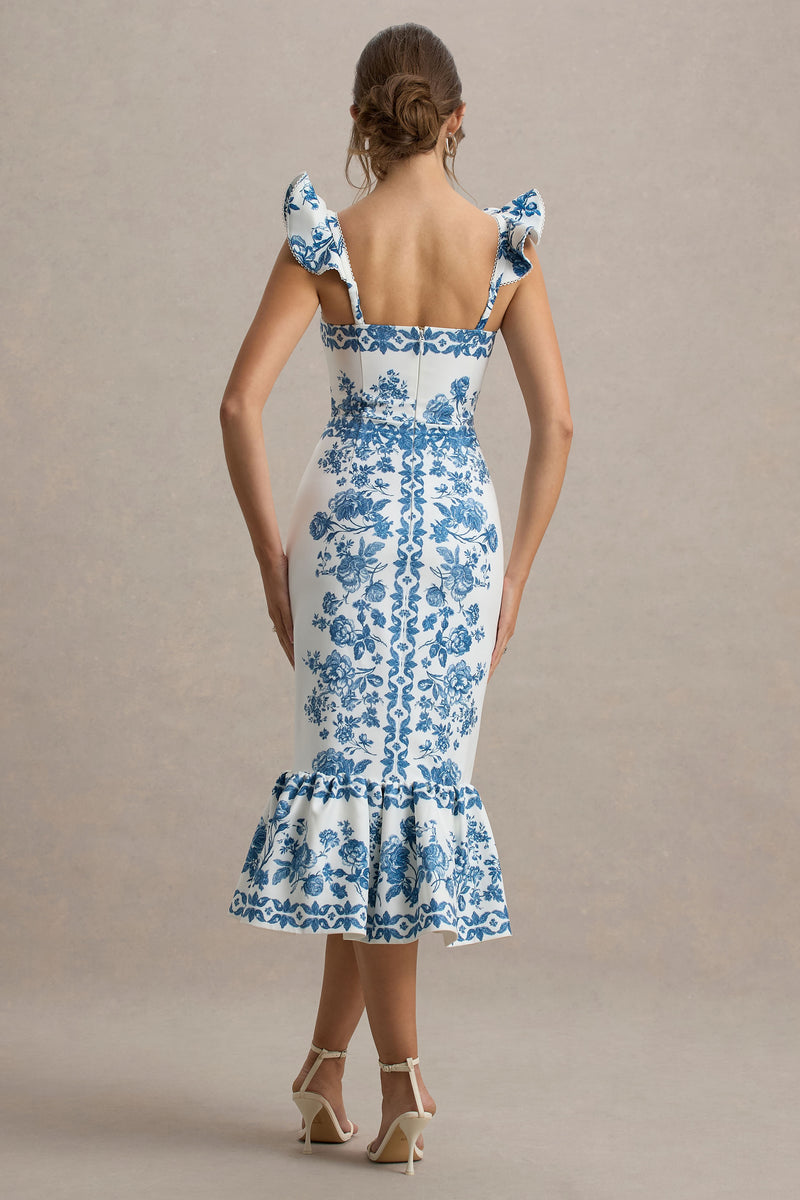 Sarey Blue Porcelain Print Ruffle Midi Dress – Club L London - CA