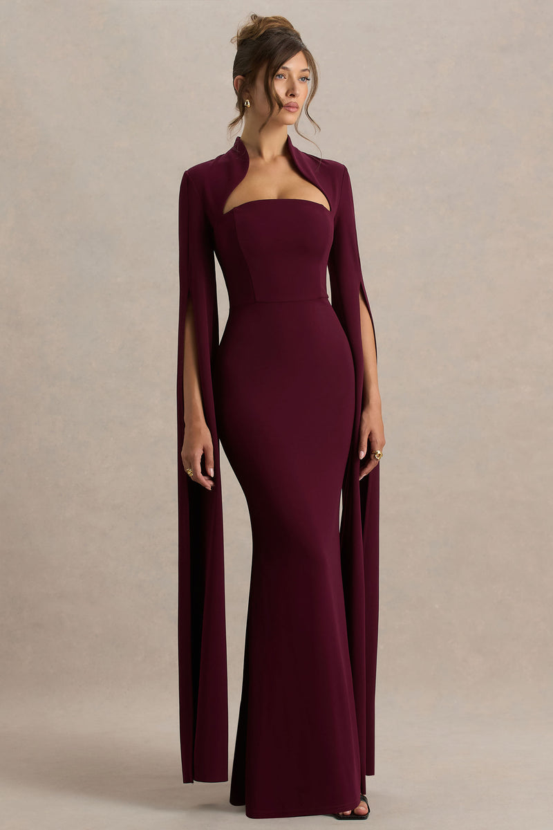 Esme Burgundy Square-Neck Maxi Dress With Cape Sleeves – Club L London - CA