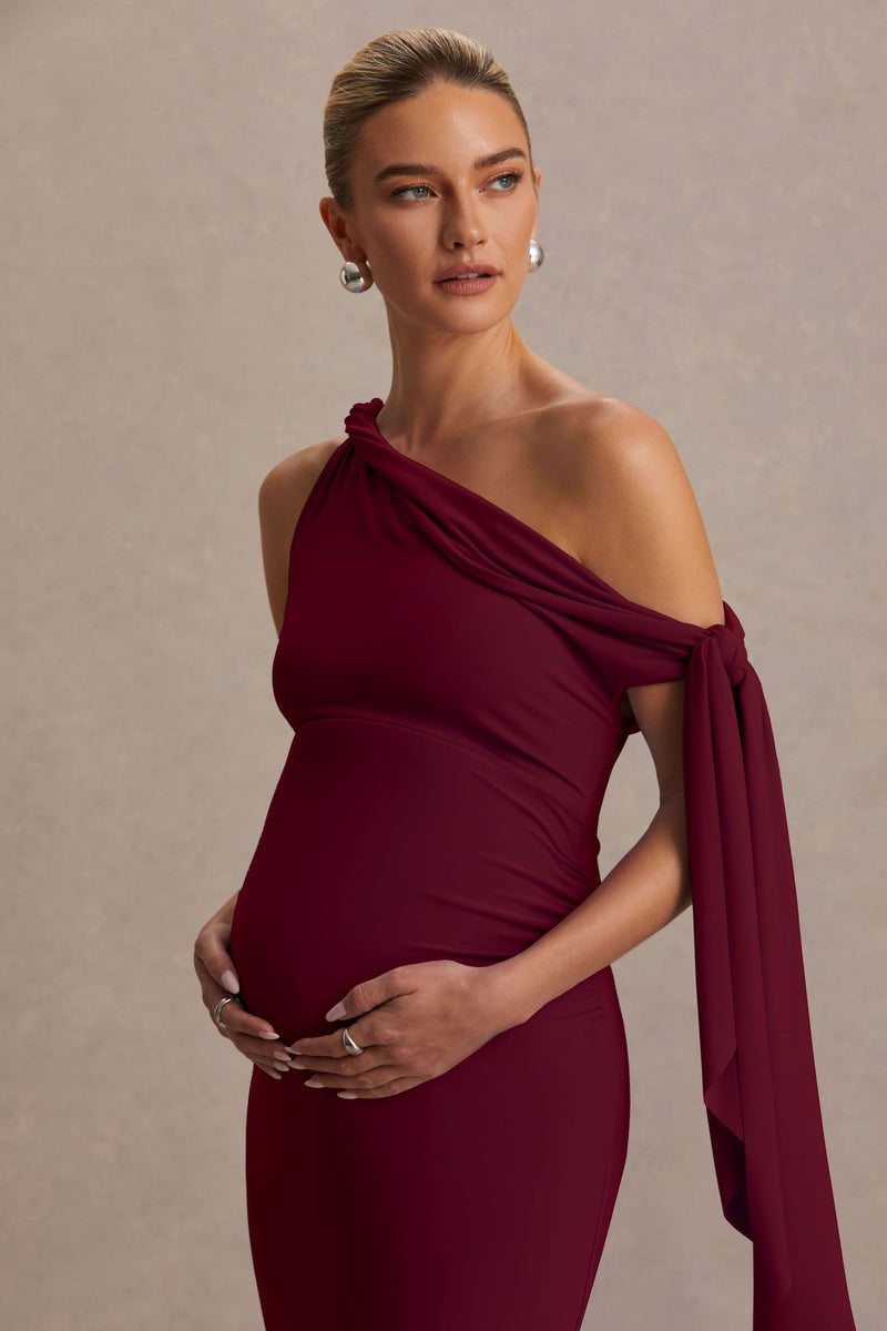 Orielle Burgundy Asymmetric-Neck Maternity Maxi Dress With Knot-Slee ...