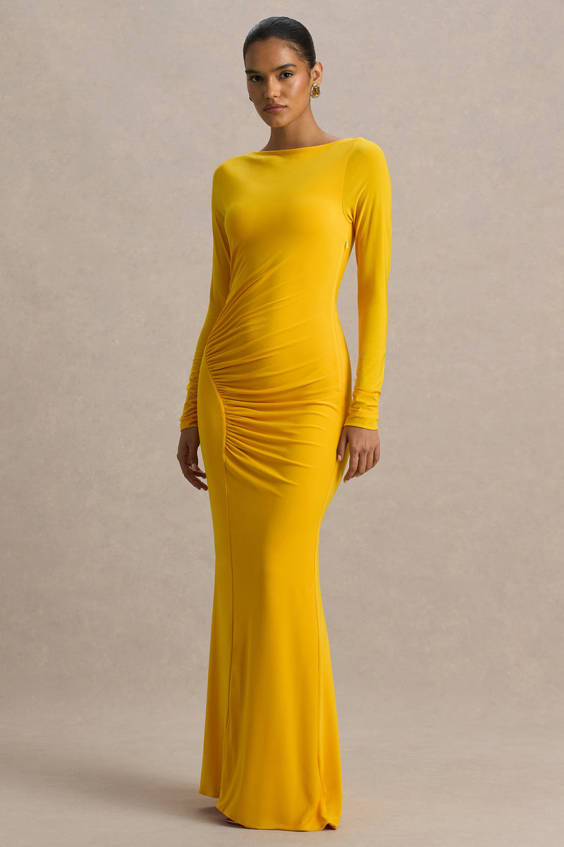 Diva Robe longue jaune à encolure fendue avec détails froncés – Club L ...
