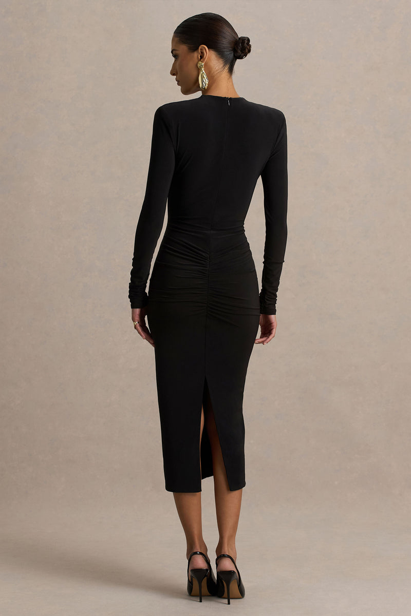 Ivara Black Plunge-Neck Midi Dress With Ruched Detailing And Sash ...
