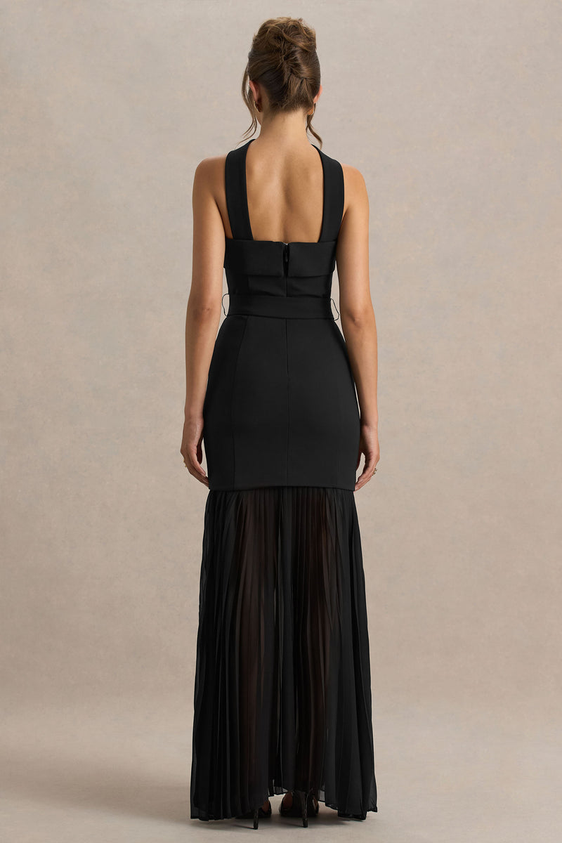 Jaquetta Black Belted Maxi Dress With Pleated Chiffon Skirt – Club L ...