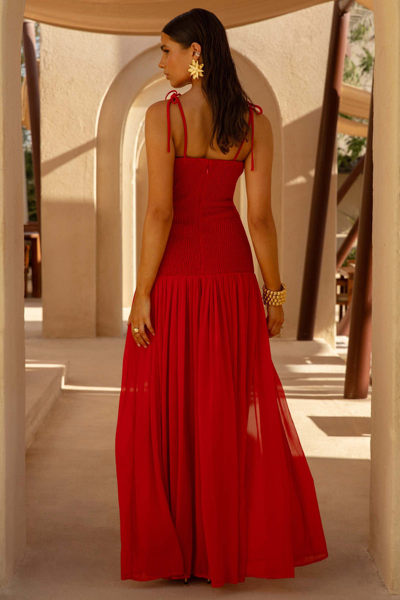 Maeva Red Square-Neck Fishtail Maxi Dress With Ruched Detailing – Club ...