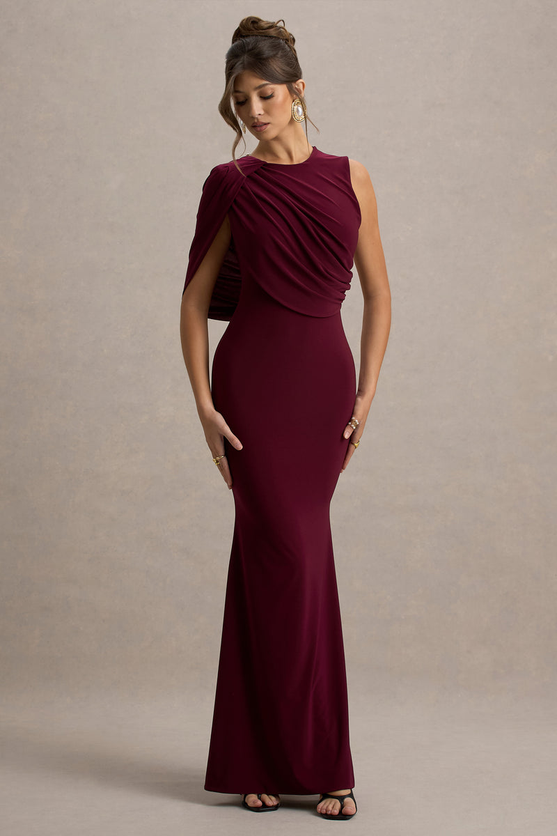 Rae Burgundy Maxi Dress With One-Sleeve Cape – Club L London - CA