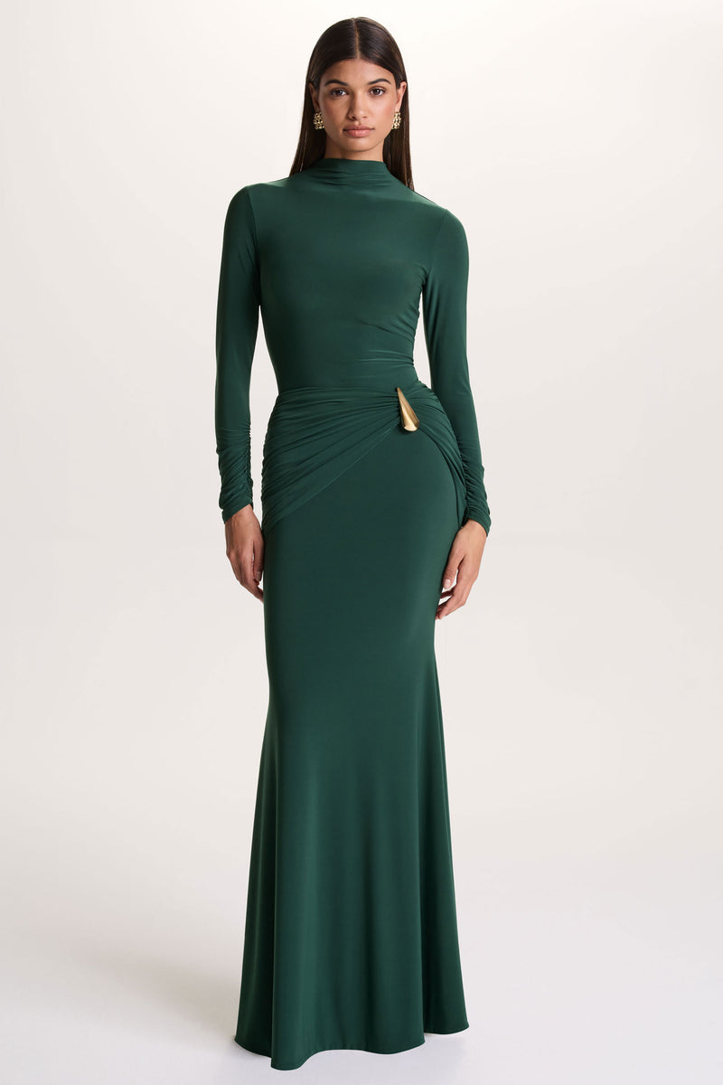 Solarium Dark Green Long-Sleeve Maxi Dress With Gold Detail – Club L ...