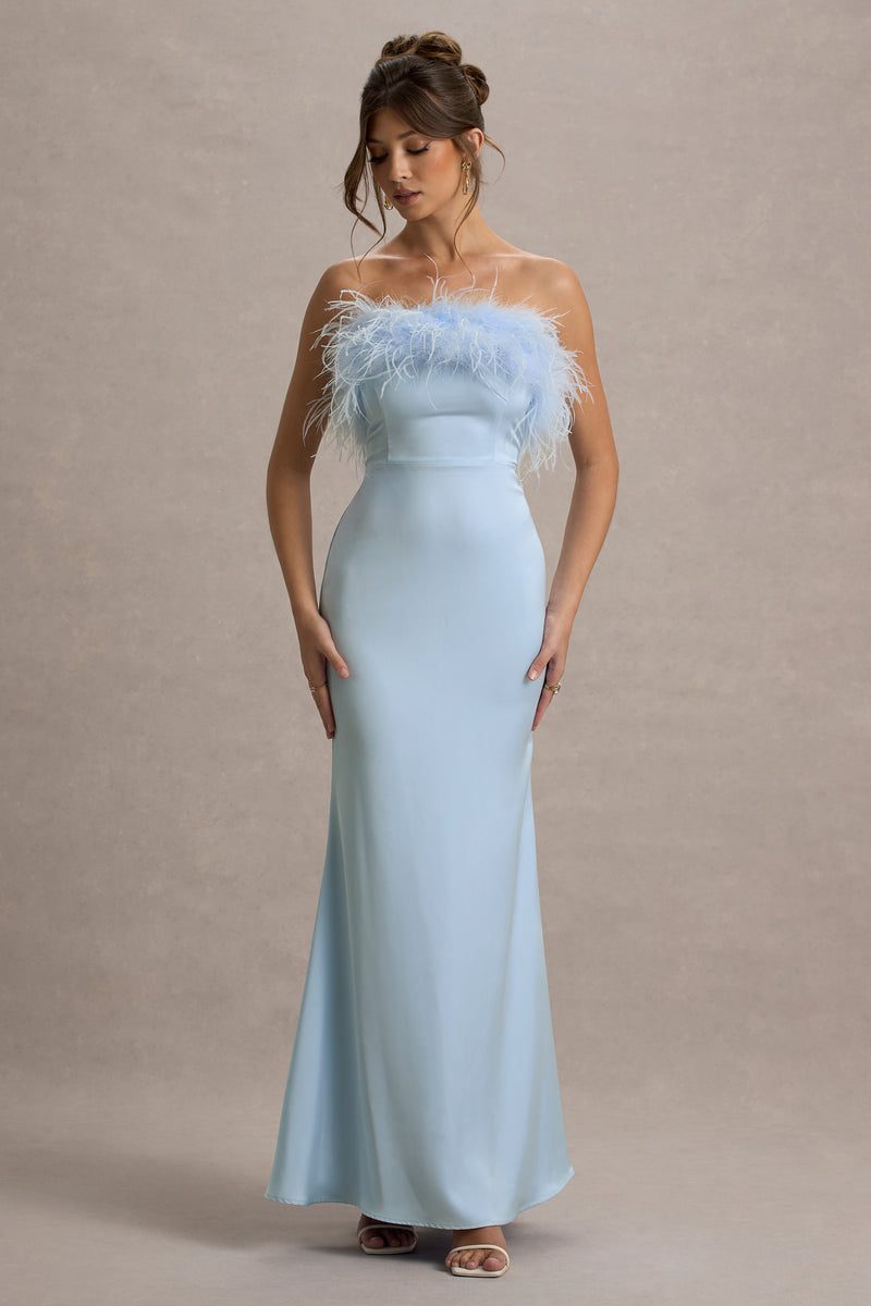 Dress For It Powder Blue Satin Feather Trim Bandeau Maxi Dress – Club L ...